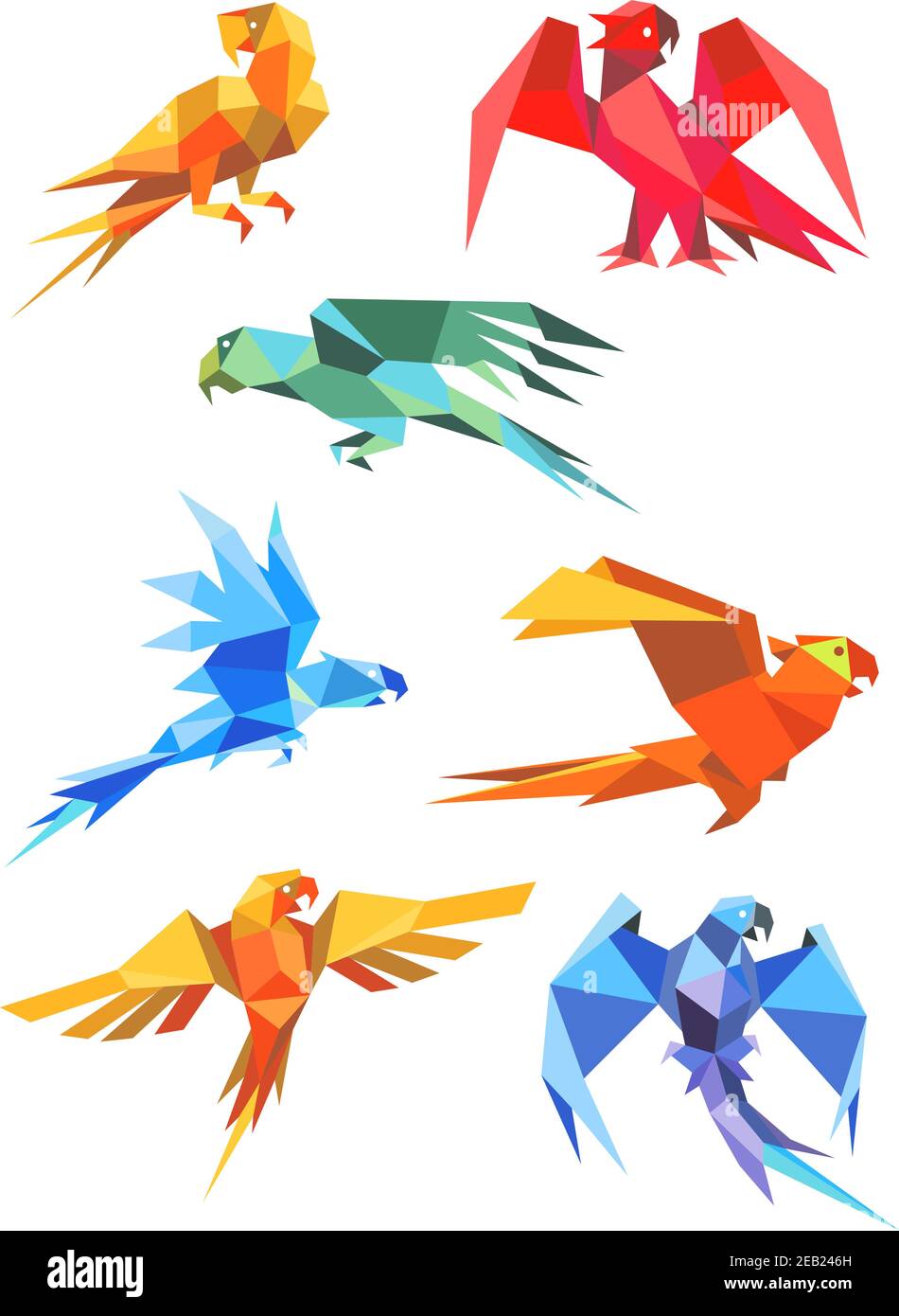 Different colorful origami paper stylized flying parrots, isolated on ...