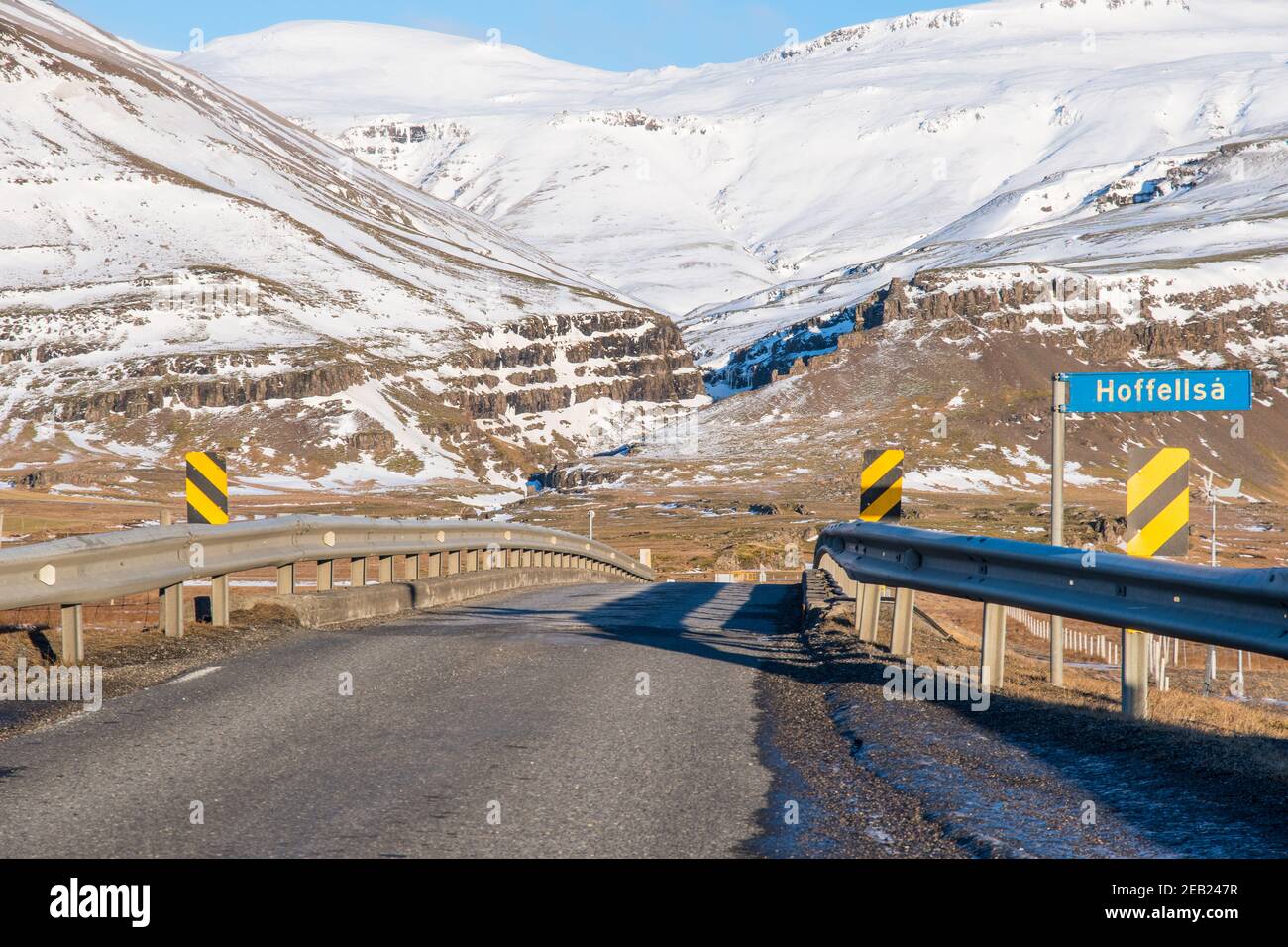 single lane bridge crossing river Hoffelsa in Hornafjordur in south ...