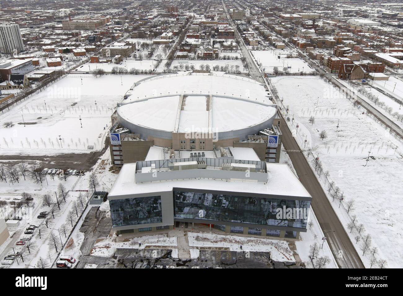 An aerial view of a snow-covered United Center, Sunday, Feb. 7, 2021 ...