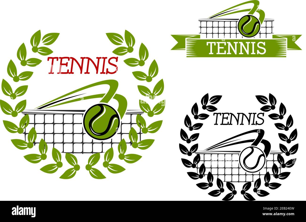 Green tennis sports game icon or symbol with ball, net and laurel ...