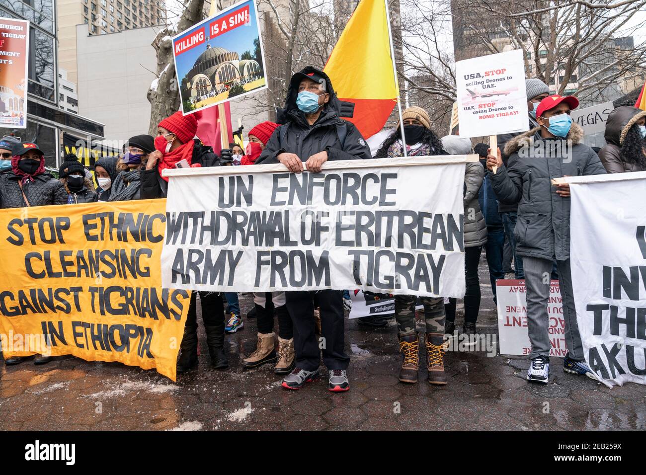 New York, NY - February 11, 2021: Protesters with Tigray flags and ...