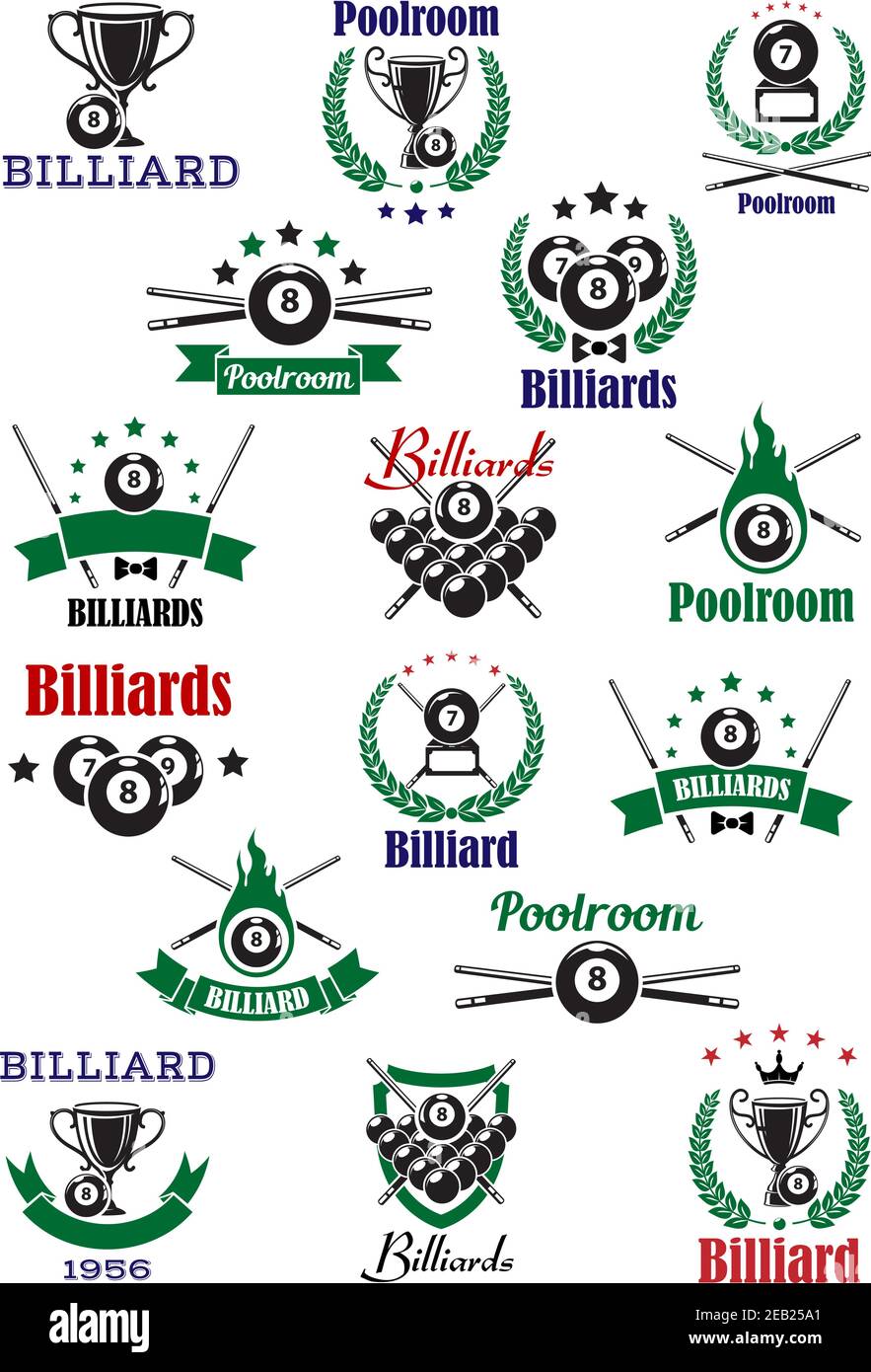 Billiards, snooker and pool emblems with balls, cues, trophy cups ...