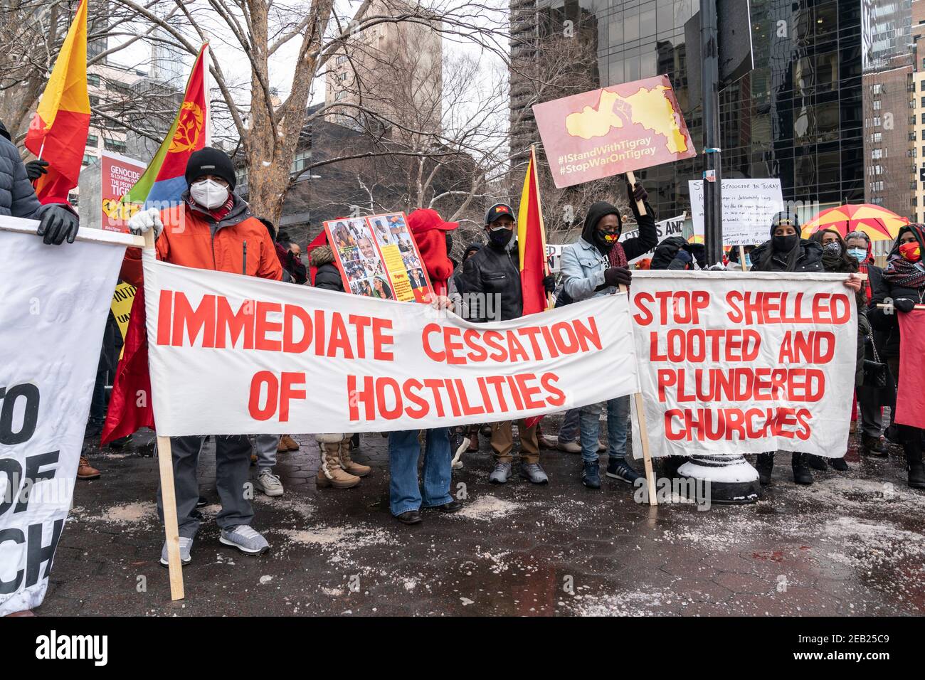 New York, NY - February 11, 2021: Protesters with Tigray flags and ...