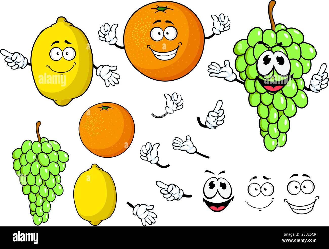 Happy smiling cartoon lemon, orange and grape fruits characters ...