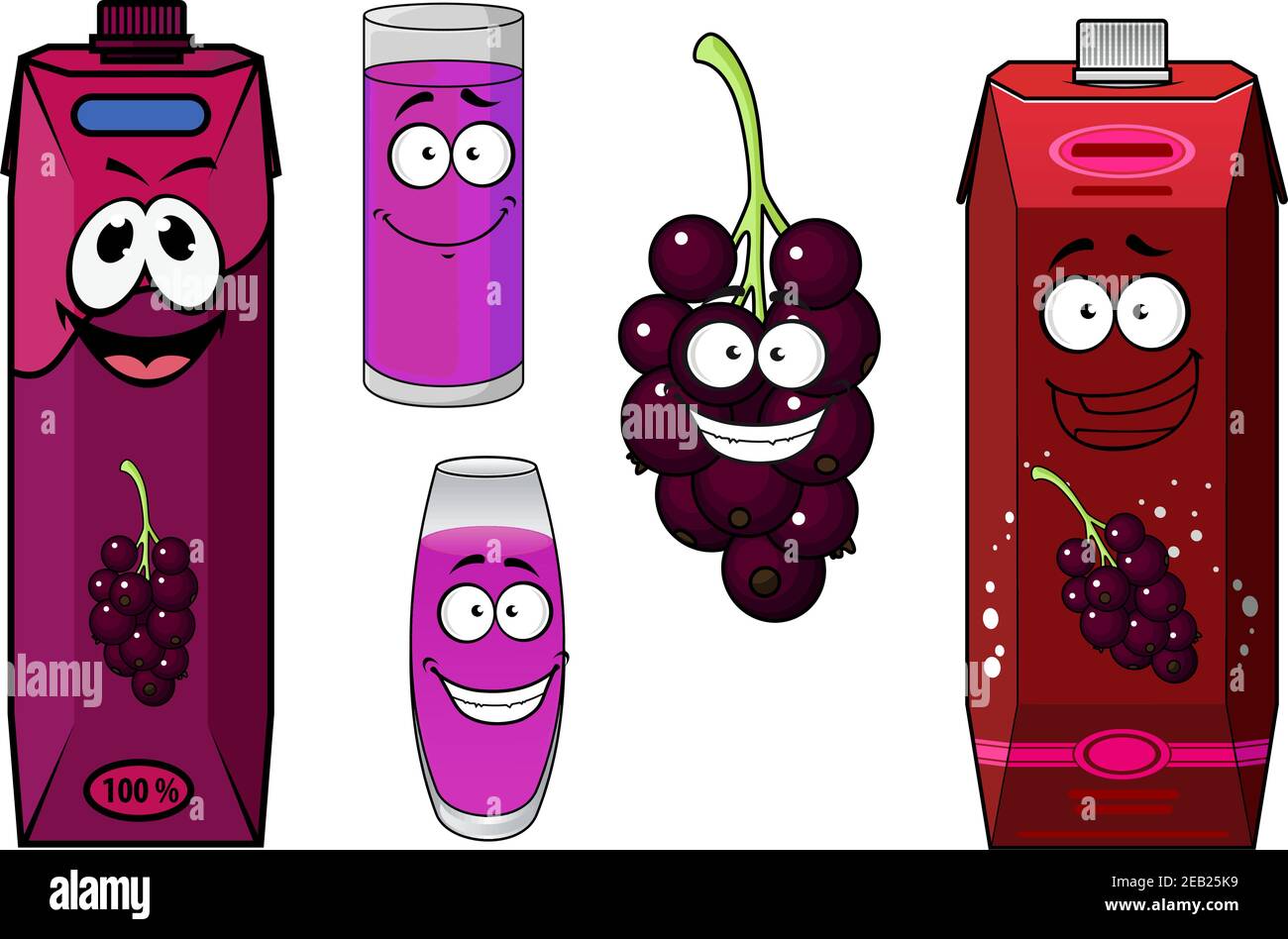 Black currant juice cartoon characters with red and violet cardboard ...