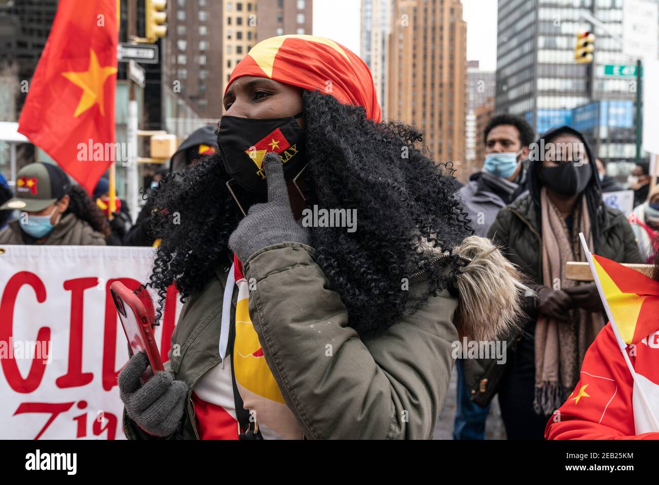 New York, NY - February 11, 2021: Protesters with Tigray flags and ...