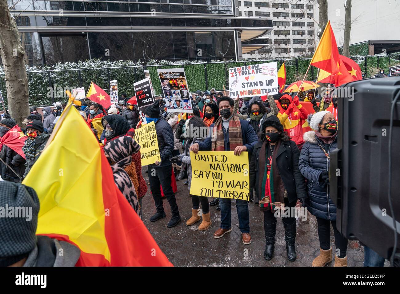 New York, NY - February 11, 2021: Protesters with Tigray flags and ...