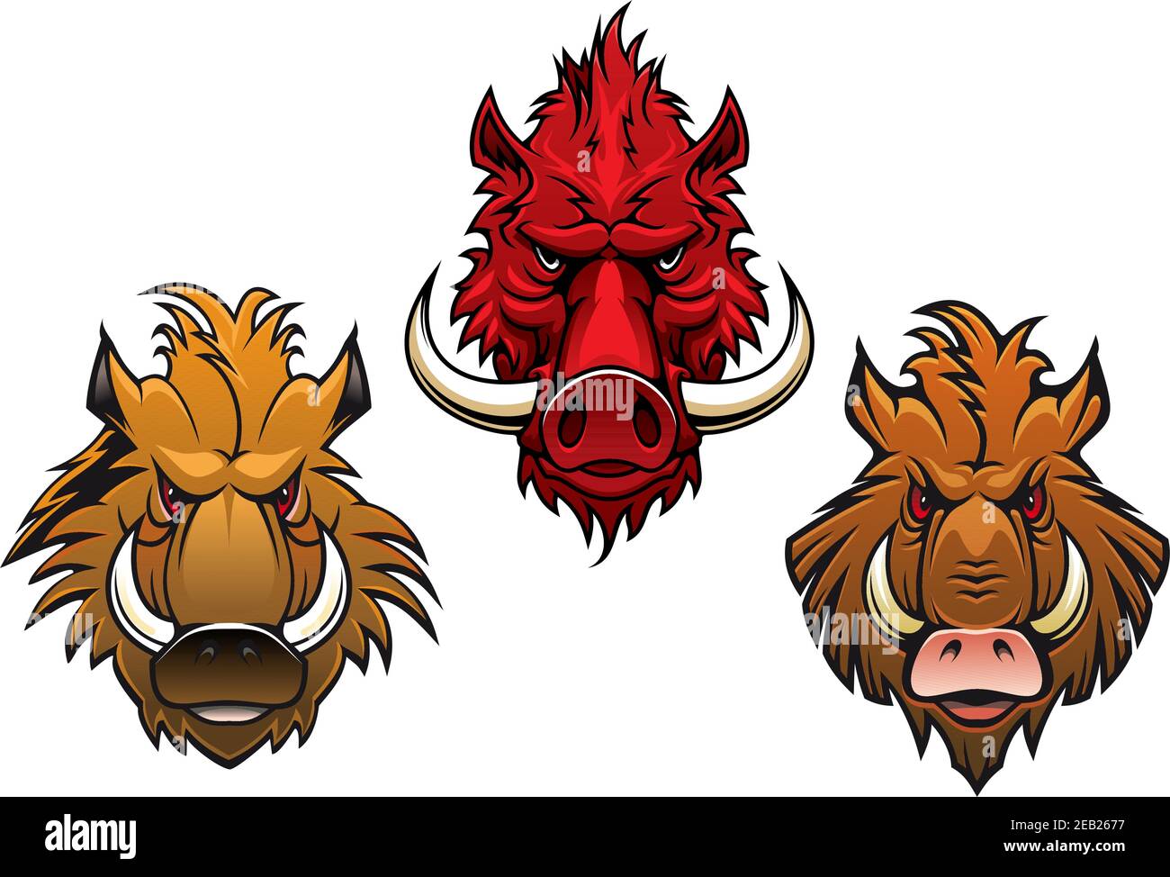 Cartoon fierce wild boar characters with menacing curved tusks and ...