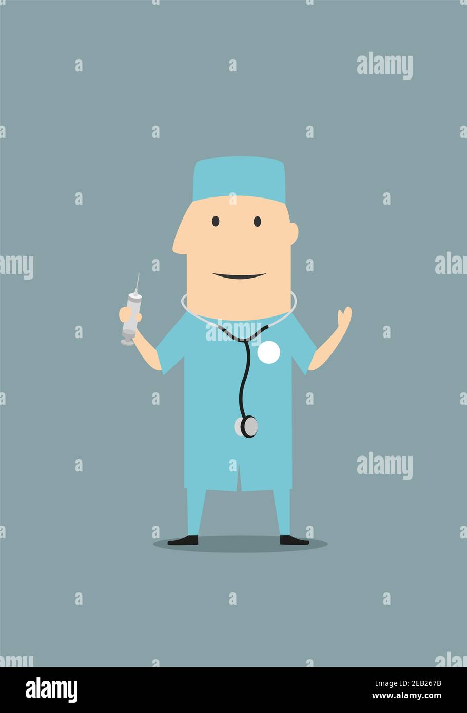 Funny cartoon doctor or physician in blue medical scrubs and a ...