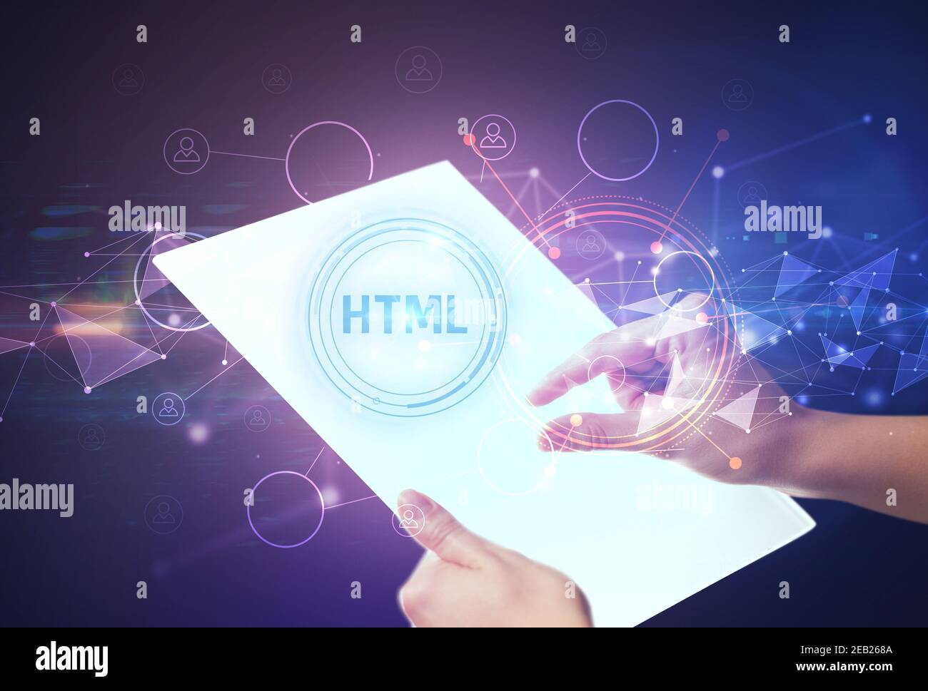 Hand holdig futuristic tablet with HTML inscription, modern technology ...