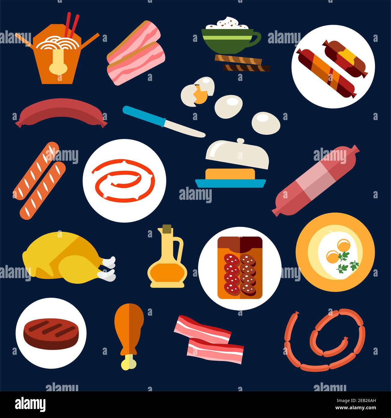 Colored flat food and meat icons with eggs, butter, bacon, various ...