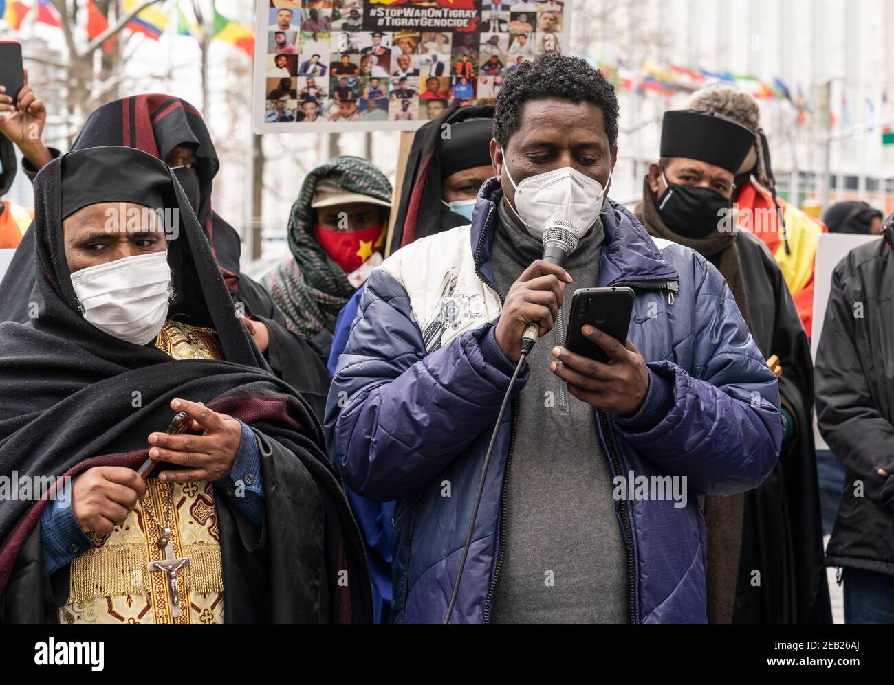New York, NY - February 11, 2021: Protesters with Tigray flags and ...