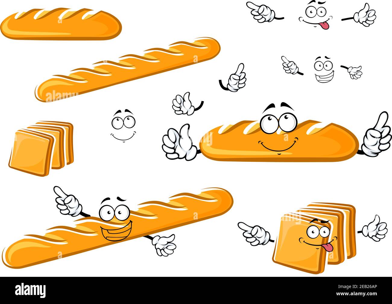 Fresh baked white long loaf, baguette and toast bread cartoon ...