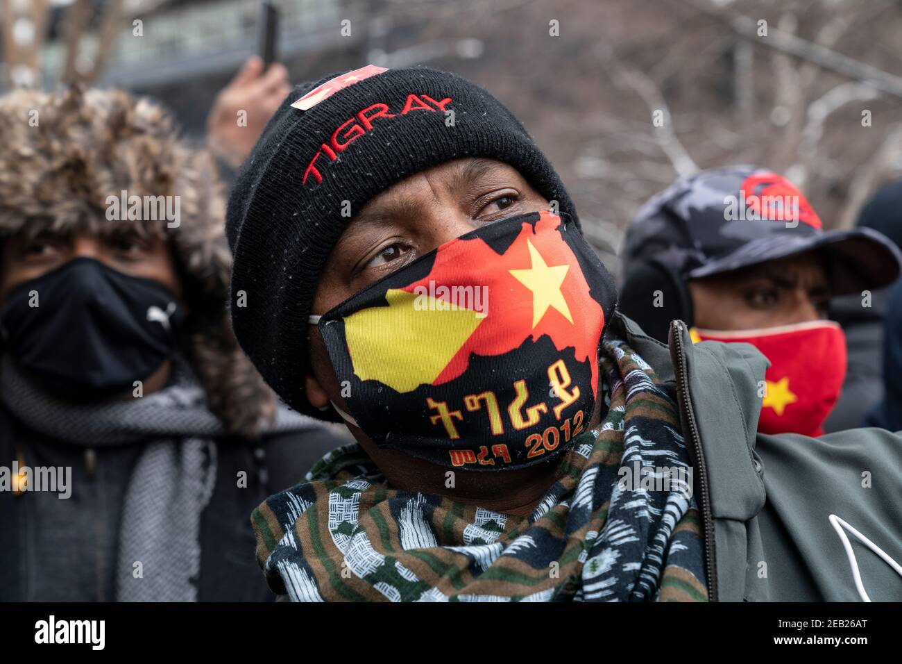 New York, NY - February 11, 2021: Protesters with Tigray flags and ...