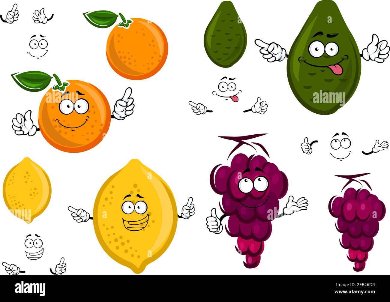 Funny cartoon orange, lemon, avocado and grapes isolated on white ...