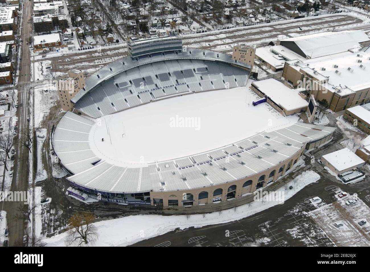An aerial view of a snow-covered Ryan Field, Sunday, Feb. 7, 2021, in ...