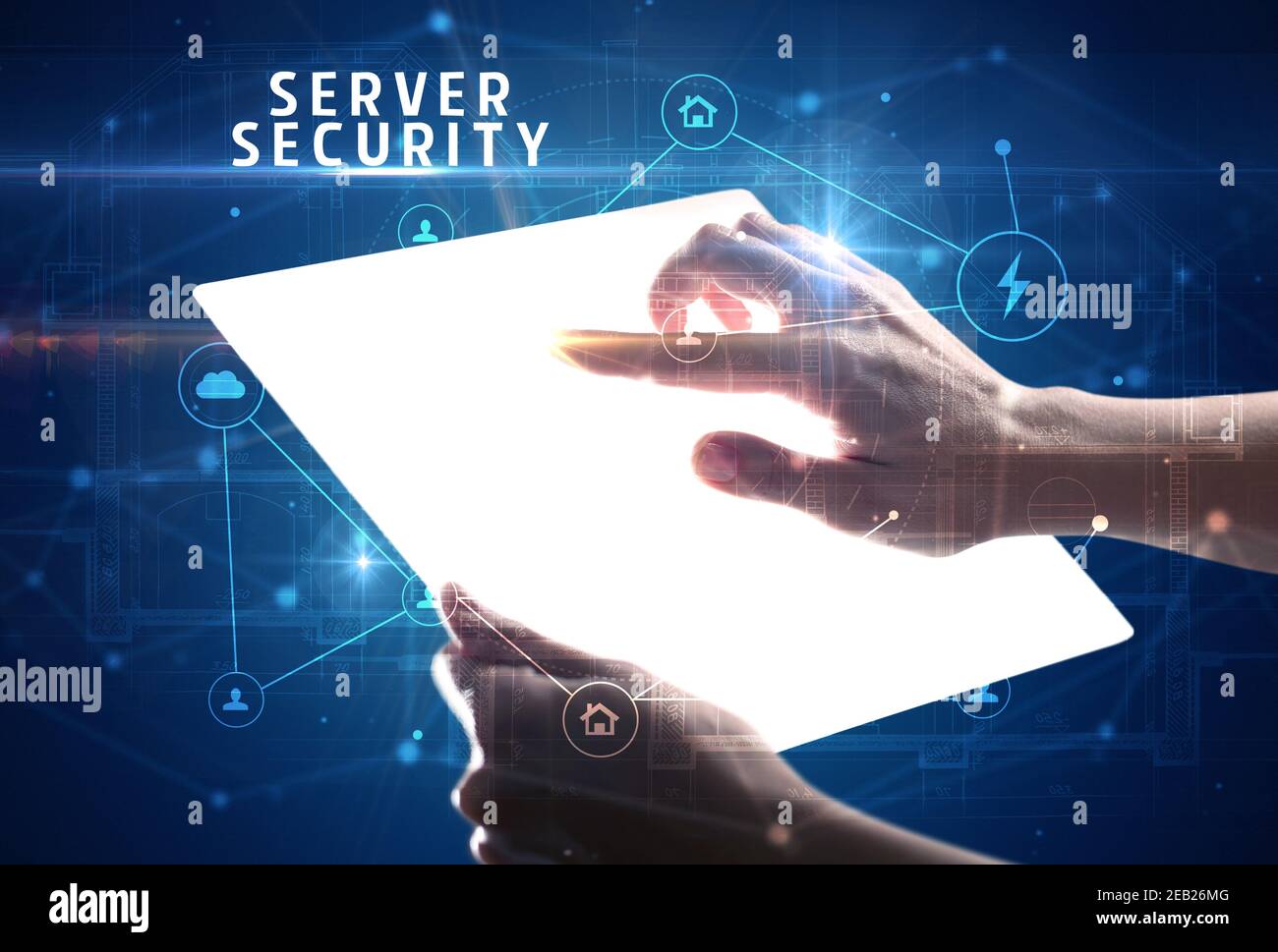 Holding futuristic tablet with SERVER SECURITY inscription, cyber ...