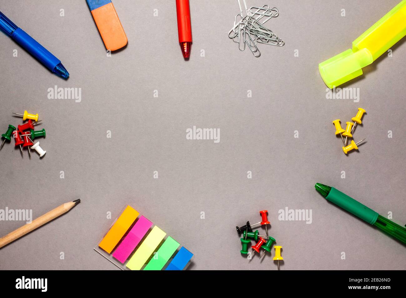 Pen, sticky note, notepad, marker, eraser, push pins, paper clip ...