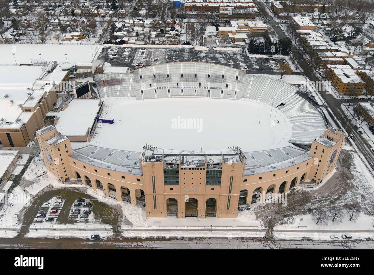 An aerial view of a snow-covered Ryan Field, Sunday, Feb. 7, 2021, in ...