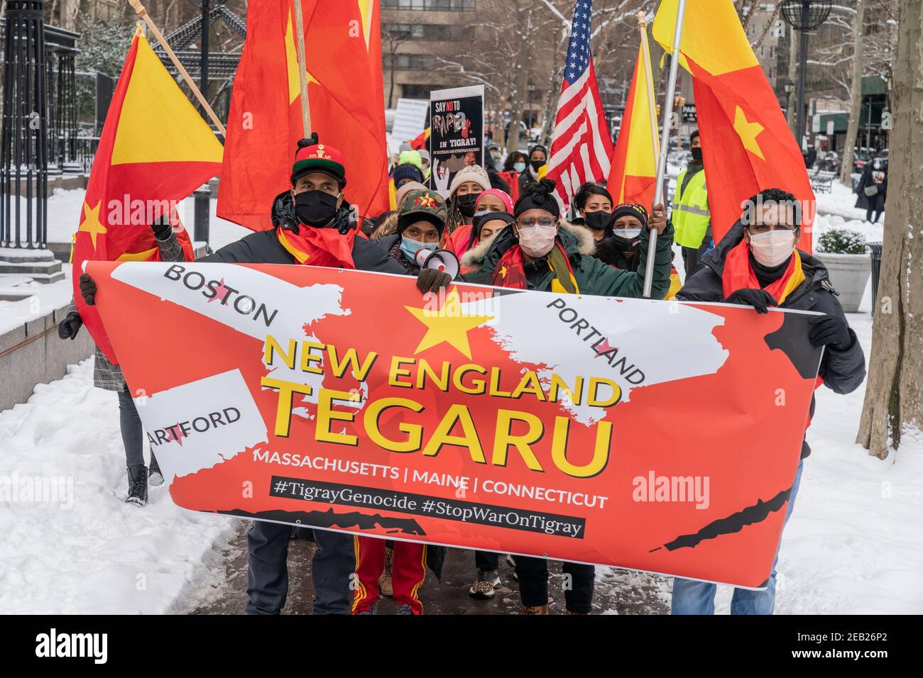 New York, NY - February 11, 2021: Protesters with Tigray flags and ...