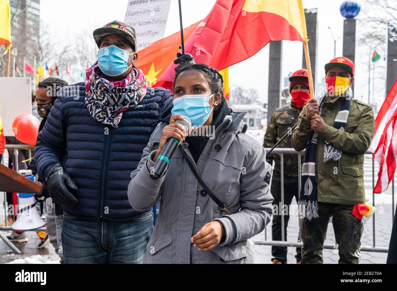 New York, NY - February 11, 2021: Protesters with Tigray flags and ...