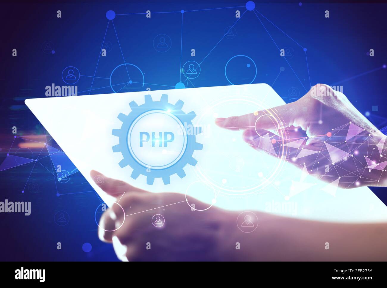 Hand holdig futuristic tablet with PHP inscription, modern technology ...
