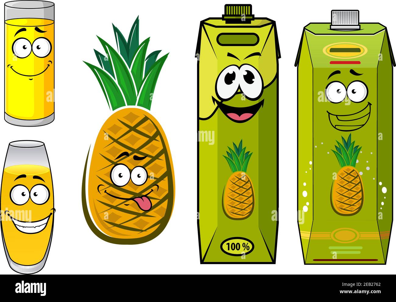 Funny pineapple juice cartoon characters with green juice packs ...
