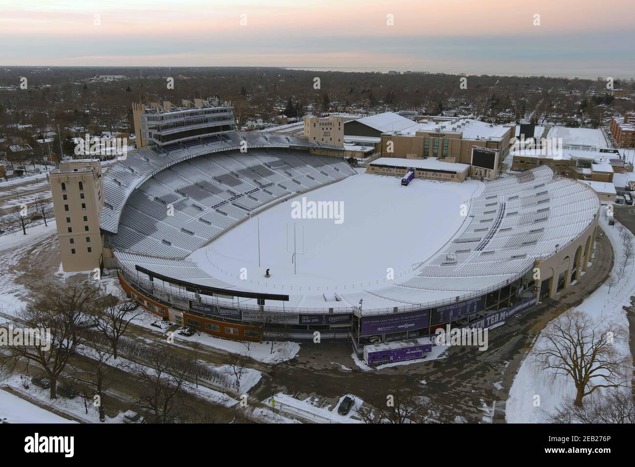 An aerial view of a snow-covered Ryan Field, Sunday, Feb. 7, 2021, in ...