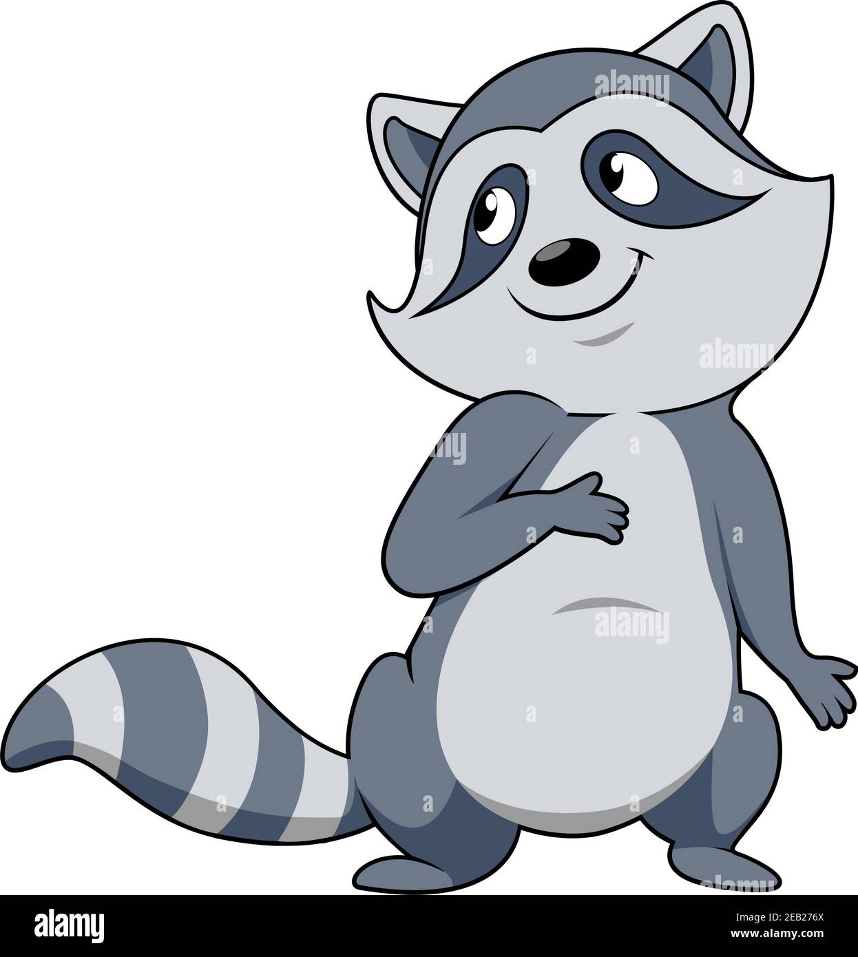 Amusing shy smiling raccoon cartoon character with gray striped fur and ...