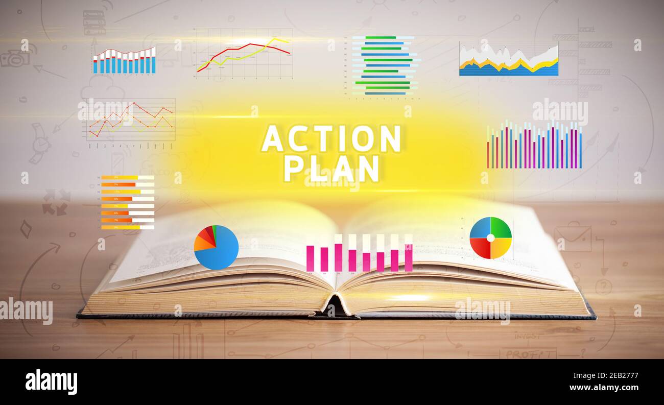 Open book with ACTION PLAN inscription, new business concept Stock ...