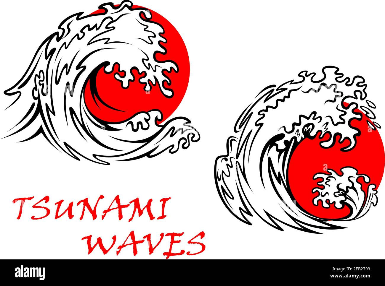 Two tsunami waves with red sun behind, for weather or east concept ...