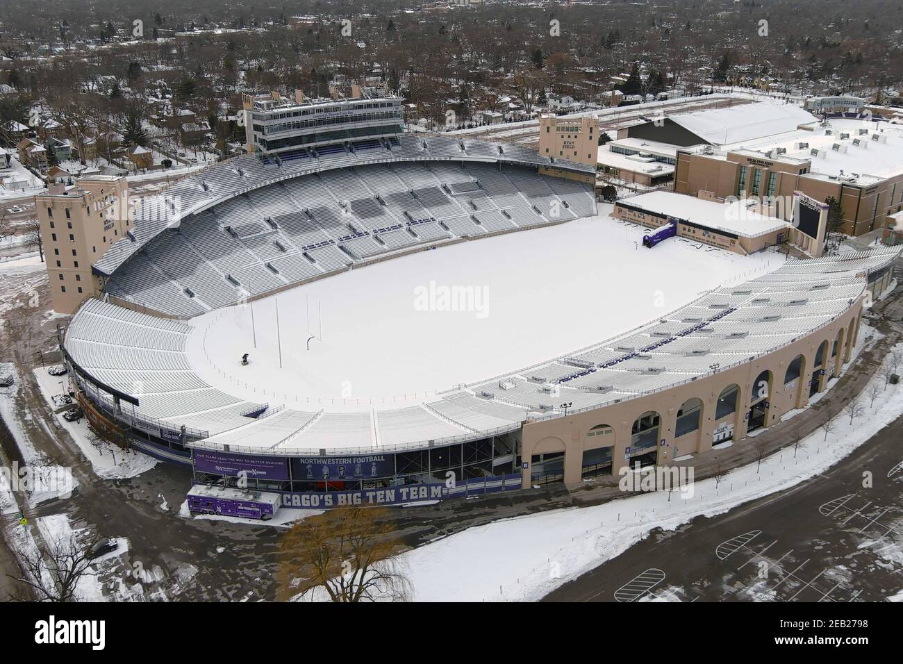 An aerial view of a snow-covered Ryan Field, Sunday, Feb. 7, 2021, in ...