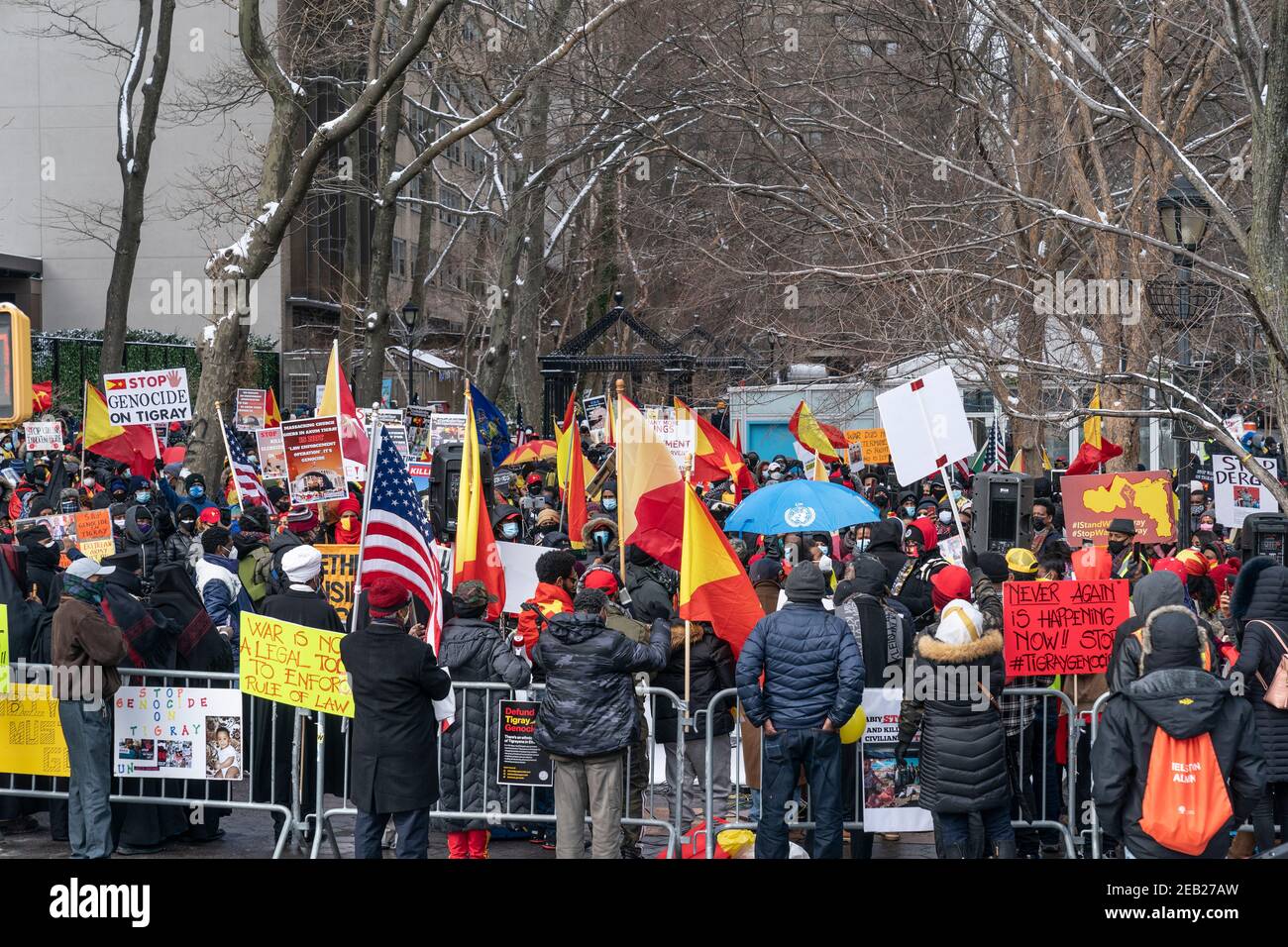 New York, NY - February 11, 2021: Protesters with Tigray flags and ...