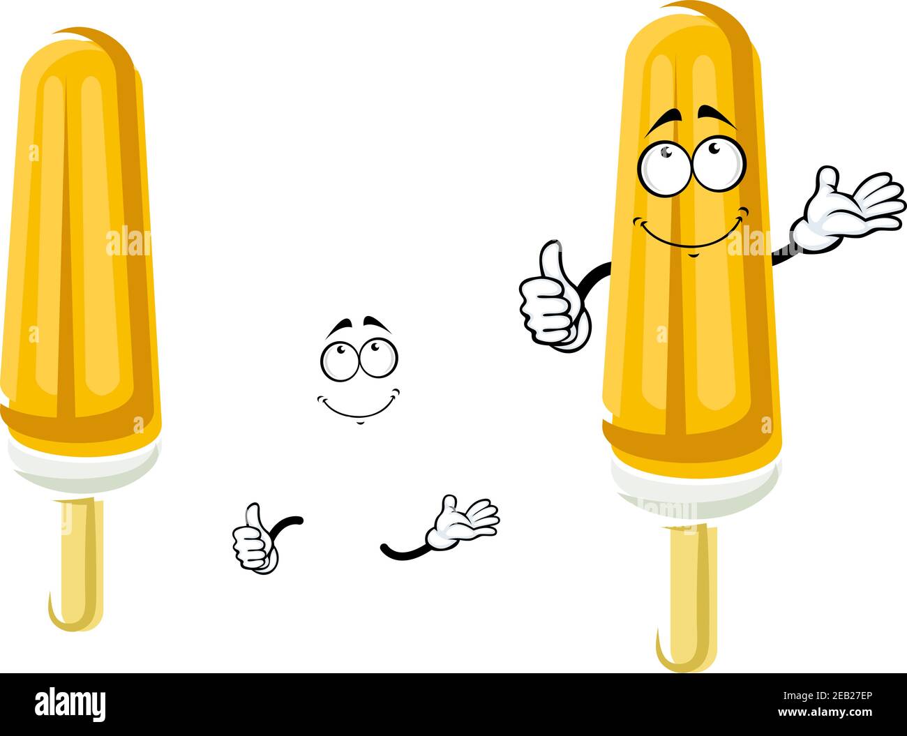 Happy orange popsicle cartoon character on wooden stick with vanilla ...