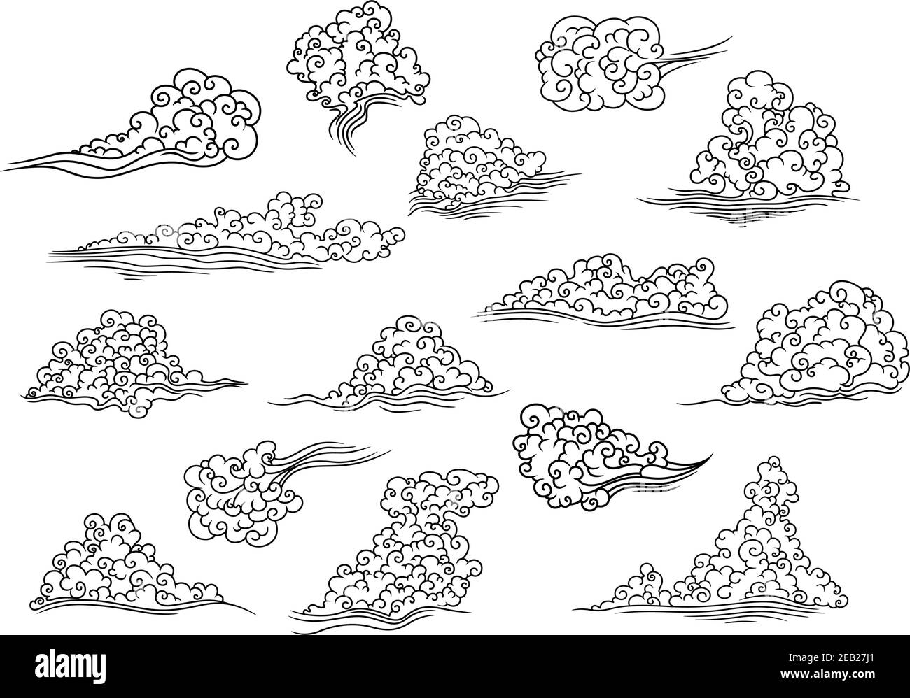 Retro scrolling black and white clouds with calligraphic outline ...