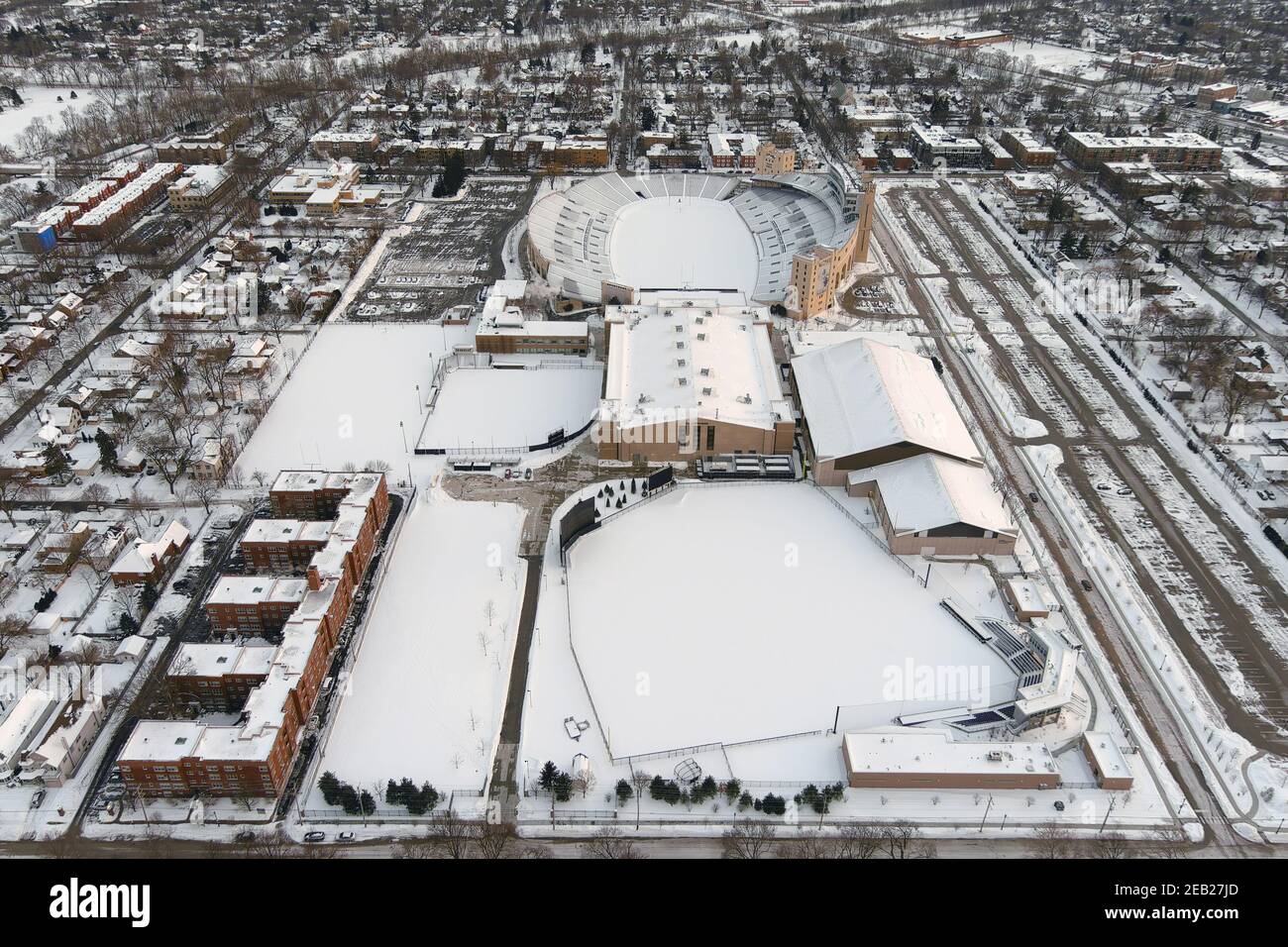 An aerial view of a snow-covered Ryan Field, Sunday, Feb. 7, 2021, in ...