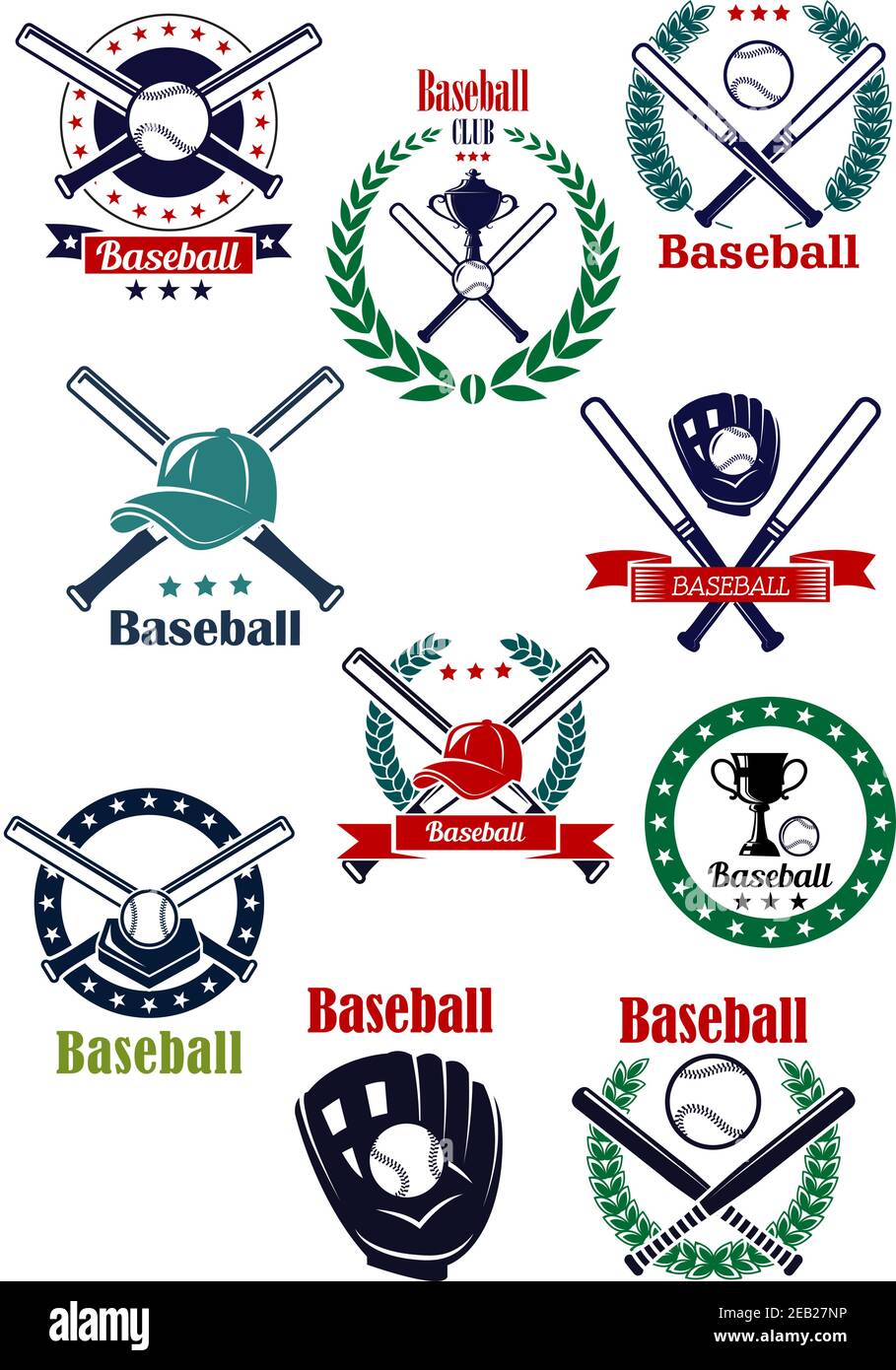Baseball game green and blue retro emblems with balls, crossed bats ...