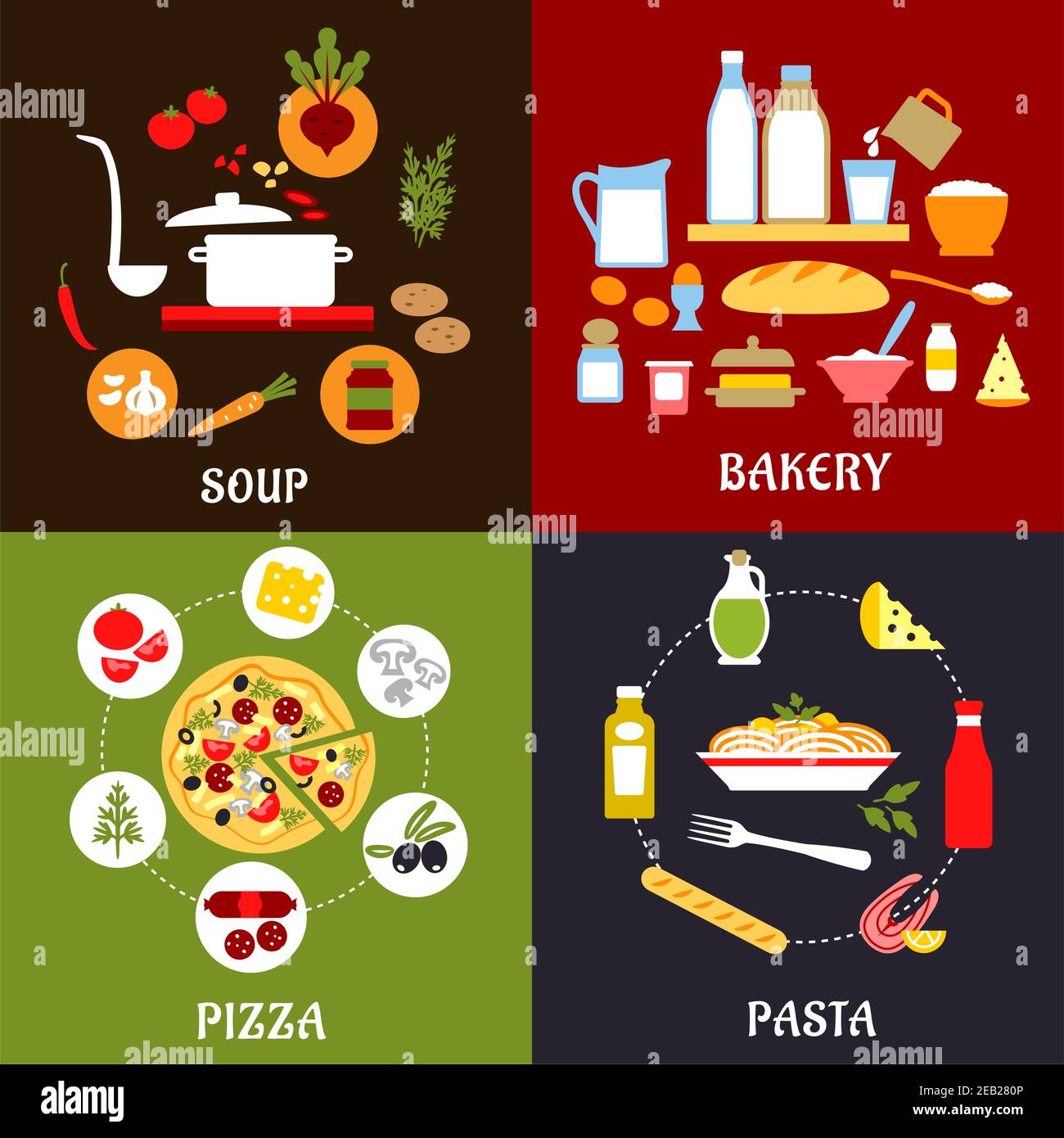 Cooking process of pizza, pasta, soup and bakery with healthy fresh ...