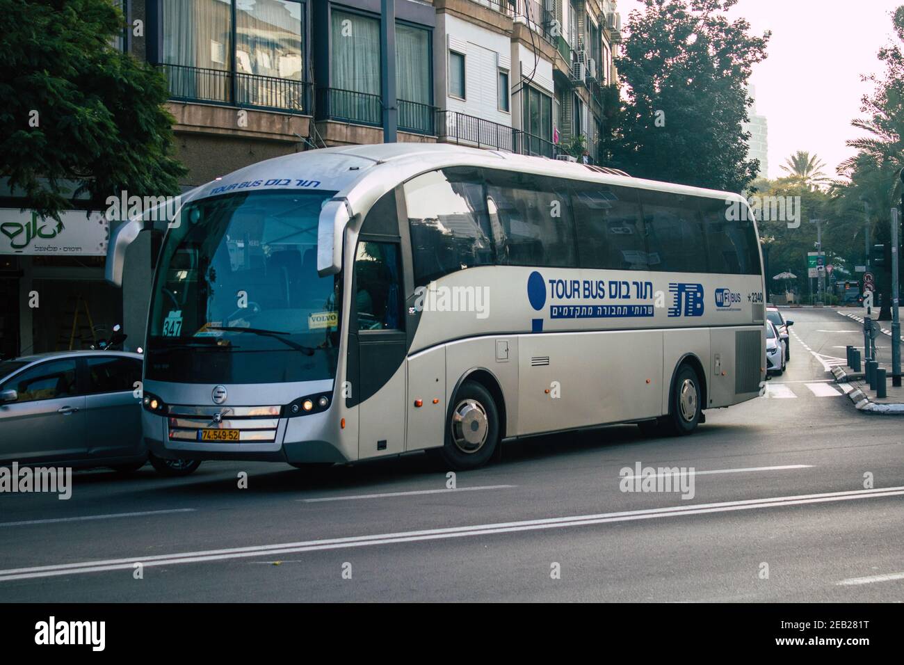 Tel Aviv Israel February 11, 2021 Israeli public bus driving through ...