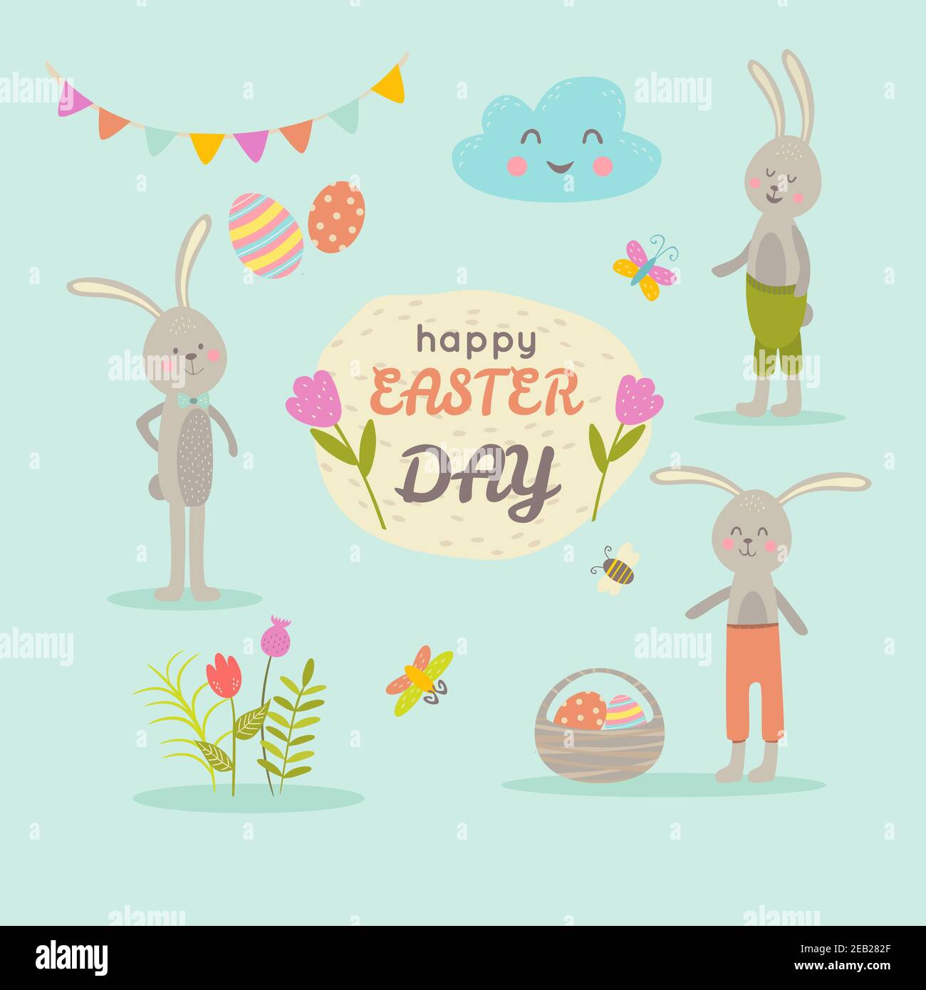 Set of cute Easter cartoon characters and design elements bunny ...