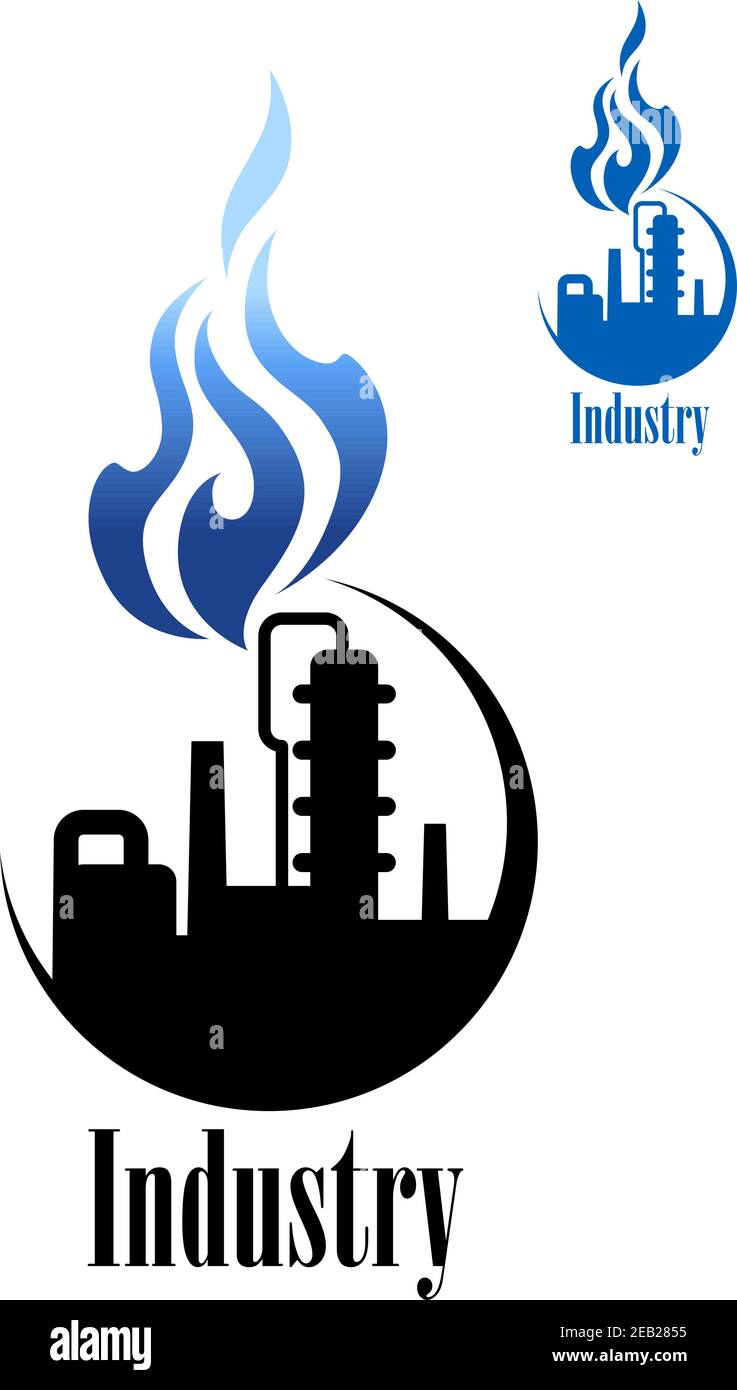 Icon with the silhouette of a chimney at a refinery factory with blue ...