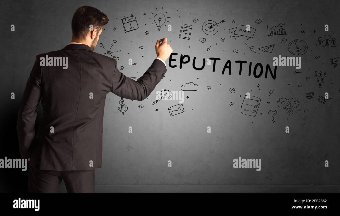 businessman drawing a creative idea sketch with REPUTATION inscription ...