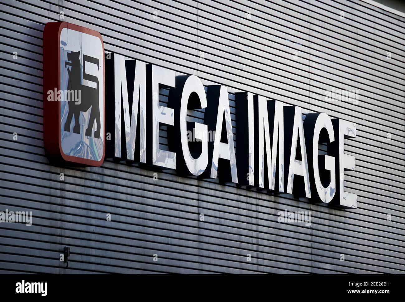 Bucharest, Romania - January 21, 2021: A Mega Image logo on the front ...