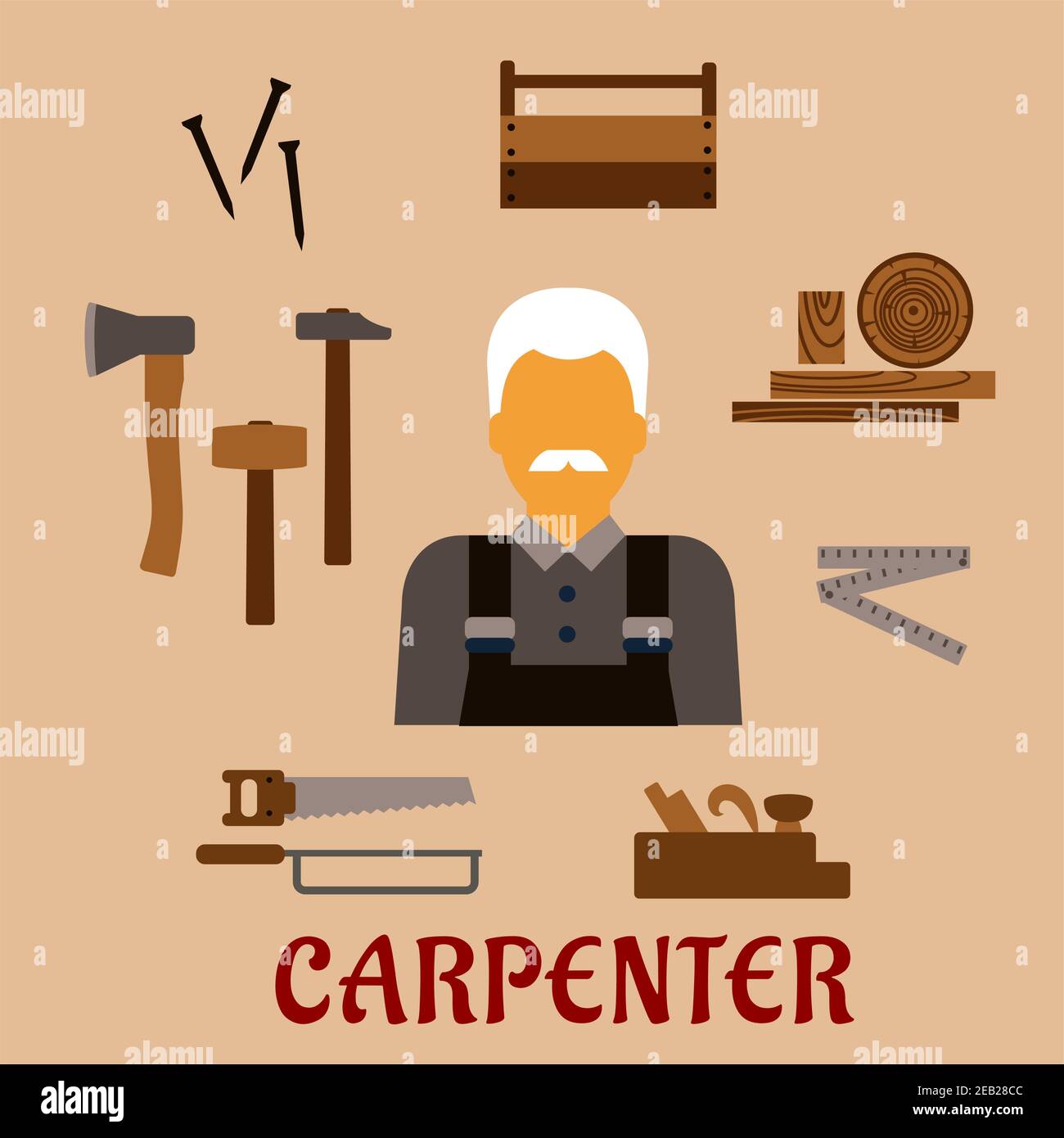 Carpenter profession flat concept with moustached man in overalls ...
