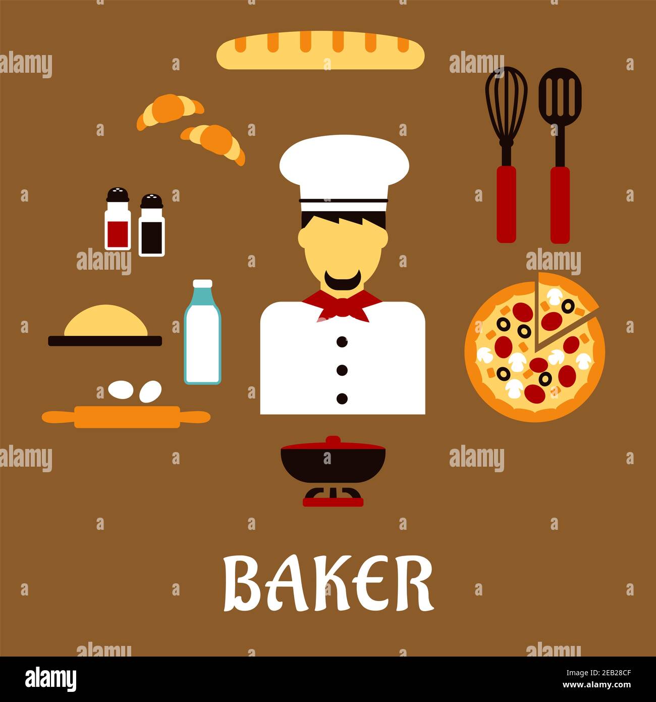 Baker profession flat concept with man in toque, pizza, baguette ...