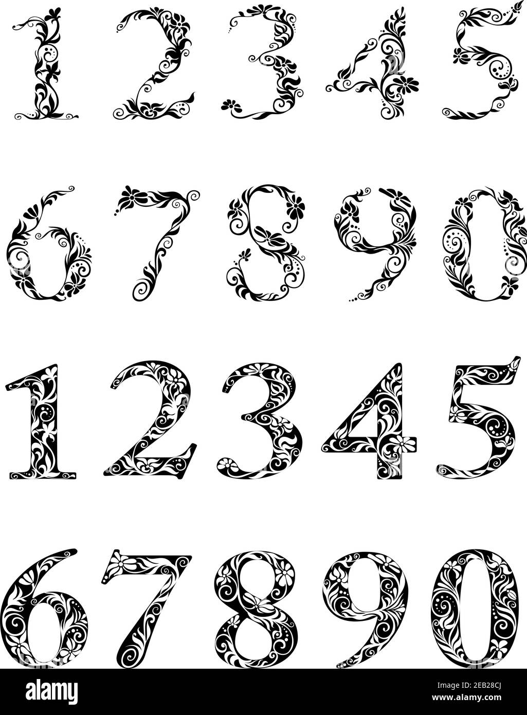 Elegant floral black and white numbers with dainty flowers and curly ...