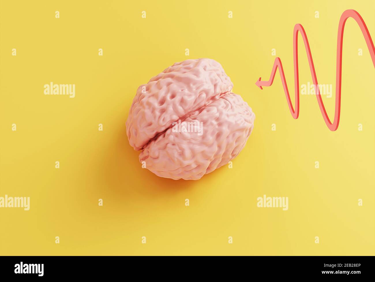 human pink brain model on yellow background, minimal concept, 3d ...