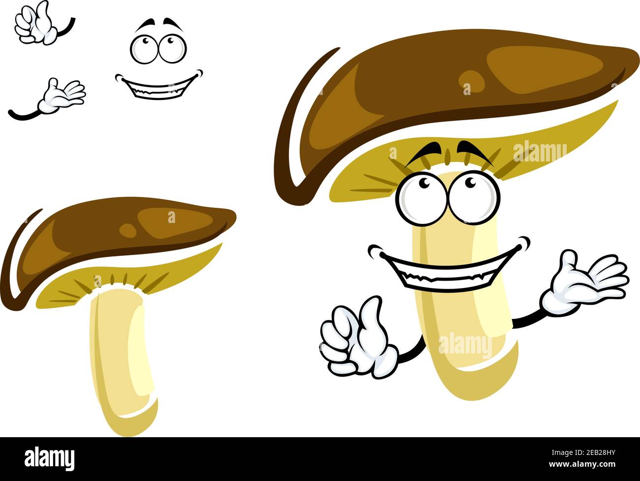 Cheerful fresh shiitake mushroom cartoon character with a convex brown ...