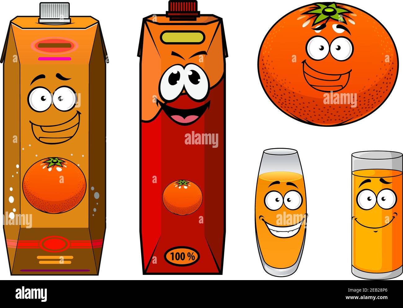 Cartoon orange juice packs characters with funny smiling bright orange ...