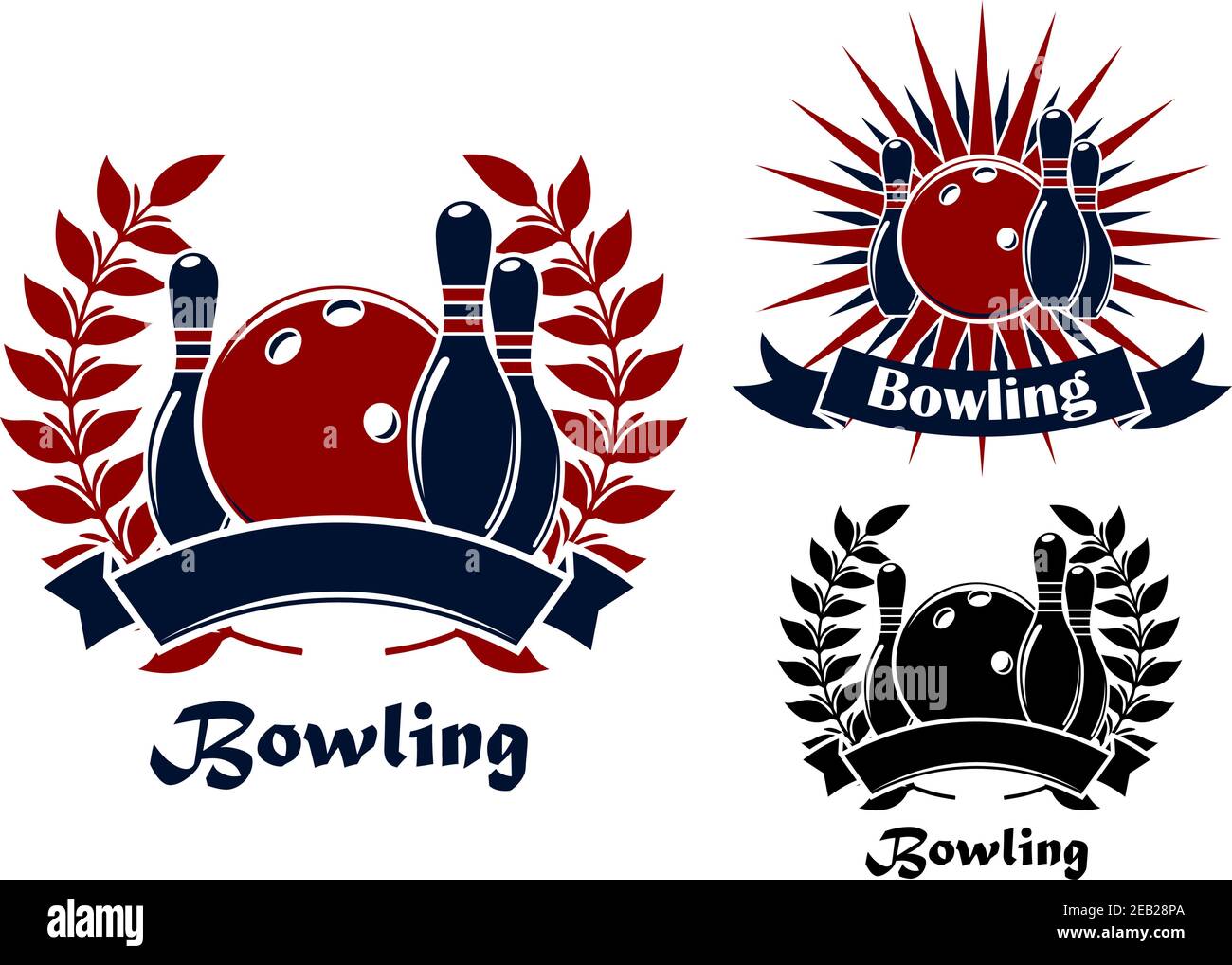 Bowling Club Or Team Emblems With Balls And Ninepins Decorated Laurel bowling-club-or-team-emblems-with-balls-and-ninepins-decorated-laurel